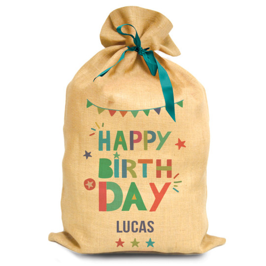 Personalised birthday sack, a large gift bag 100% hessian printed with ...